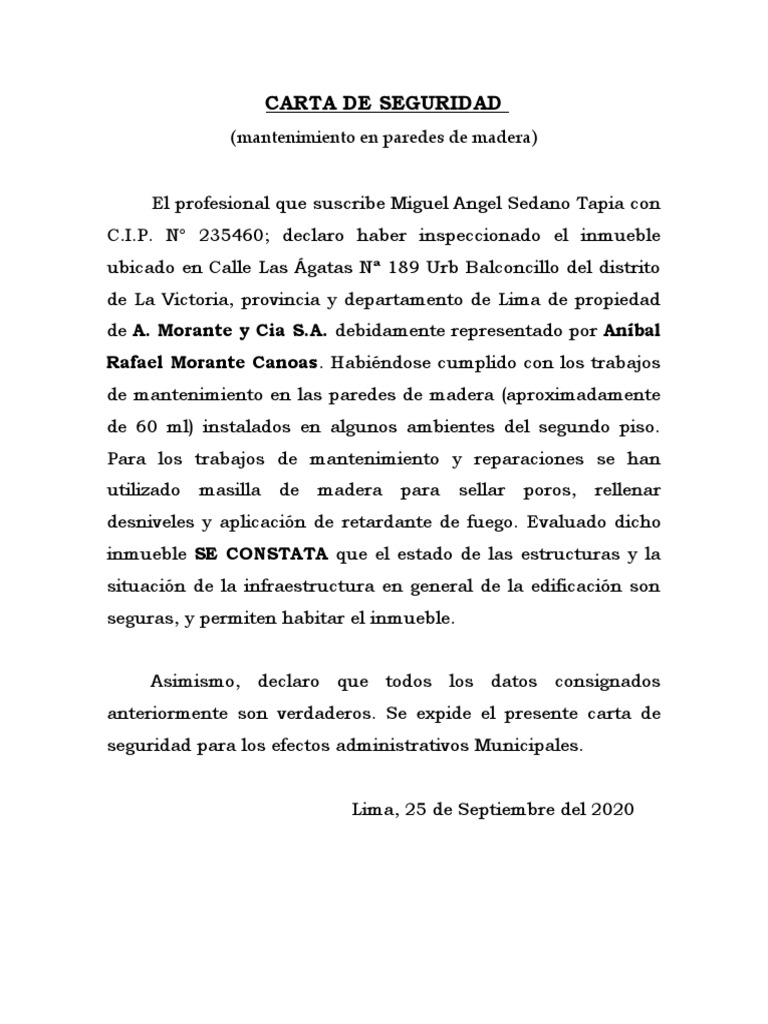 CARTA DE SEGURIDAD - Mantenim Muro de Madera A.Morante & Cia S.A. | PDF