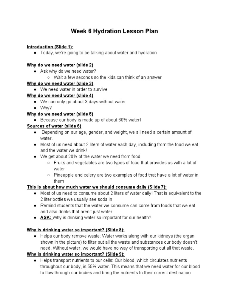 Week 6 Lesson Plan Hydration | PDF | Water | Dehydration