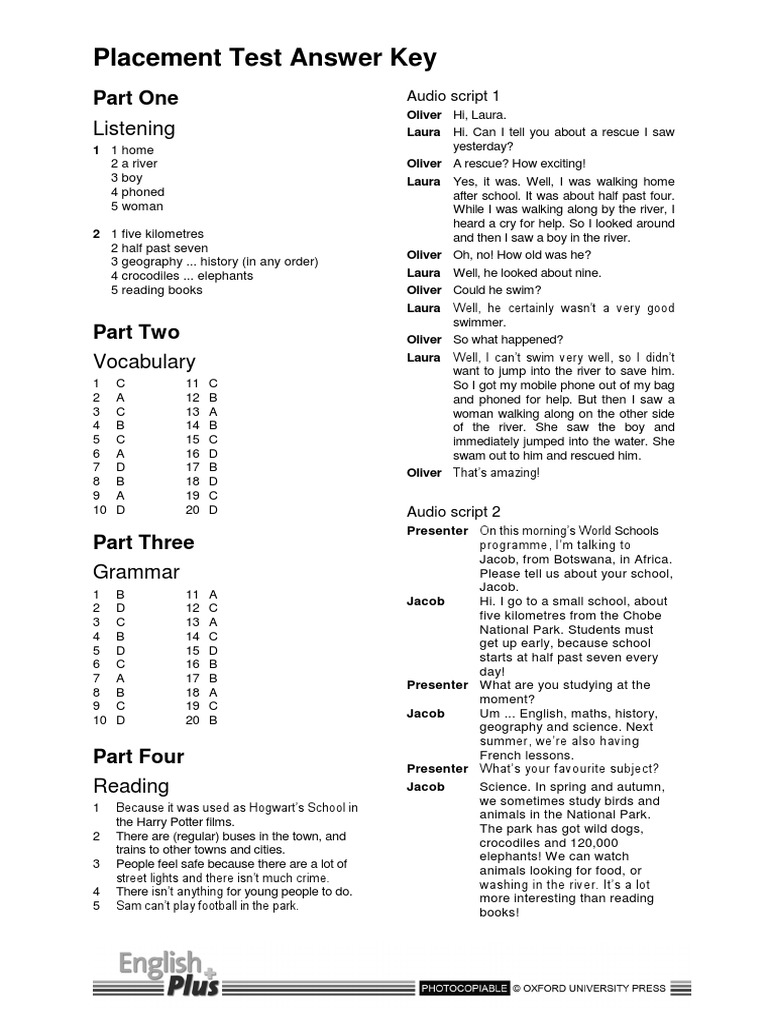 English Plus Placement Test AnsKey | PDF