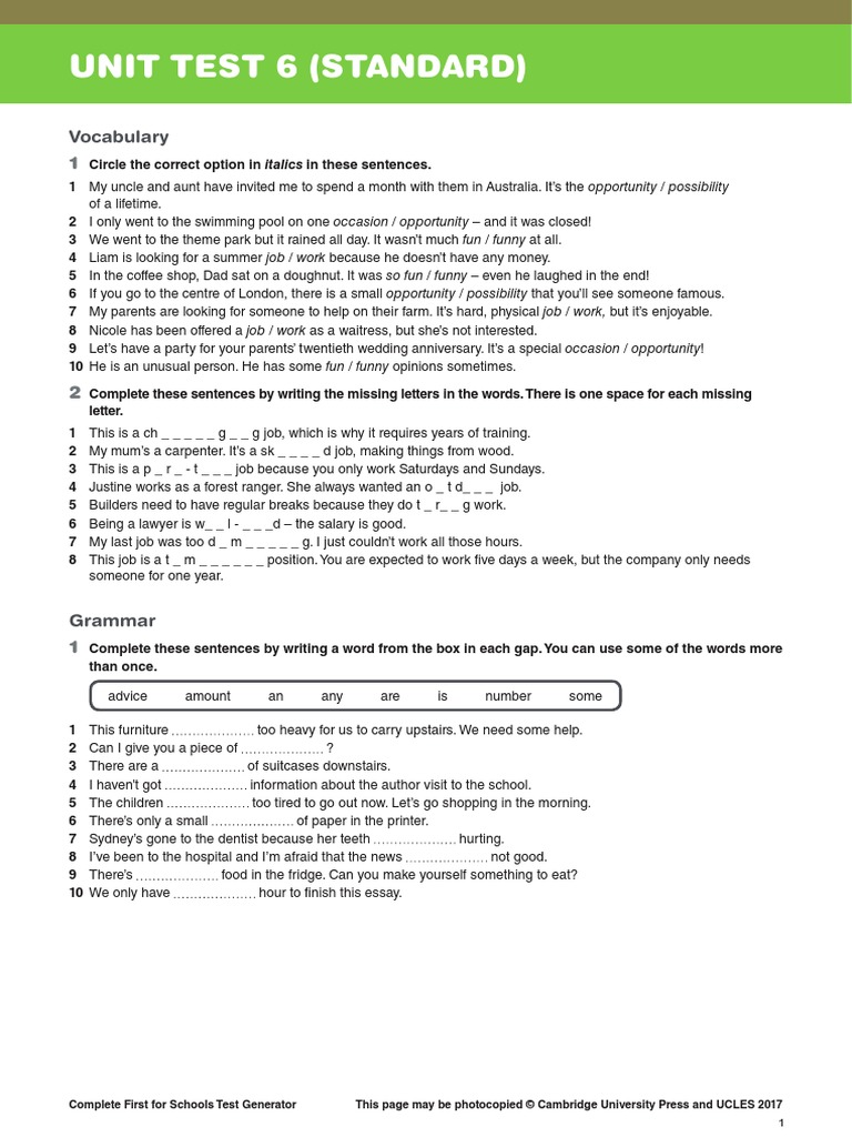 Complete First For Schools - Unit Test 6 (STANDARD) | PDF