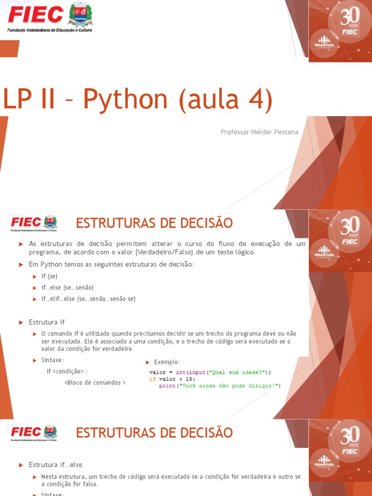 LP II - Python (Aula 4) - Estruturas - de - Decisão | PDF | Python ...