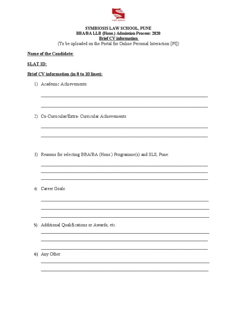 SLAT Admission CV Guidelines for SLS Pune | PDF