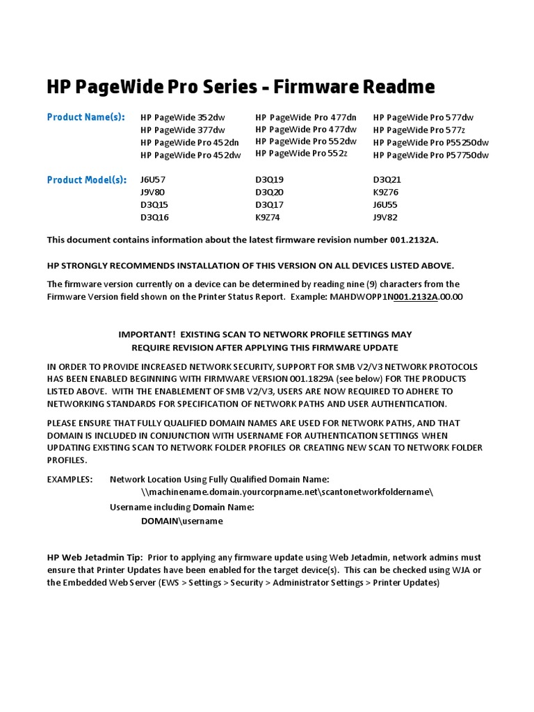 HP PageWide Pro Series Firmware Readme VR 1.9.1 001.2132A | PDF | Fax ...
