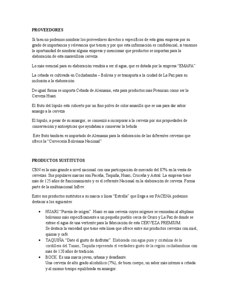 Proveedores de Cerveza Paceña en Bolivia | PDF | Cocina, comidas y vino