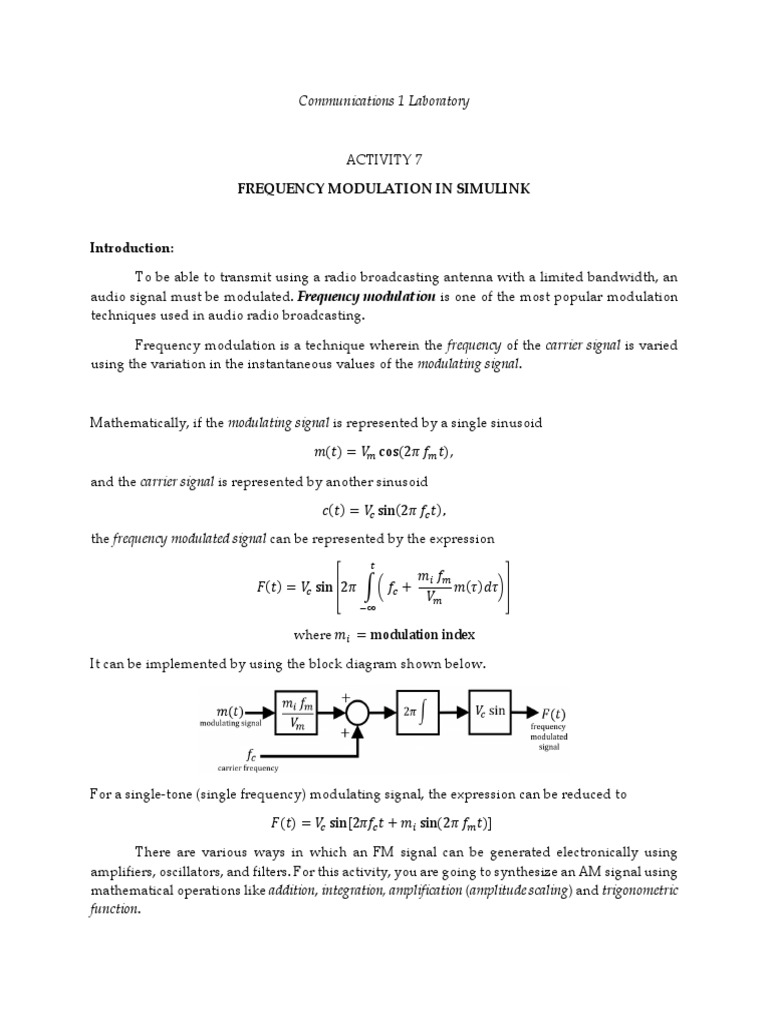 Frequency Modulation in Simulink: Communications 1 Laboratory | PDF | Frequency Modulation ...