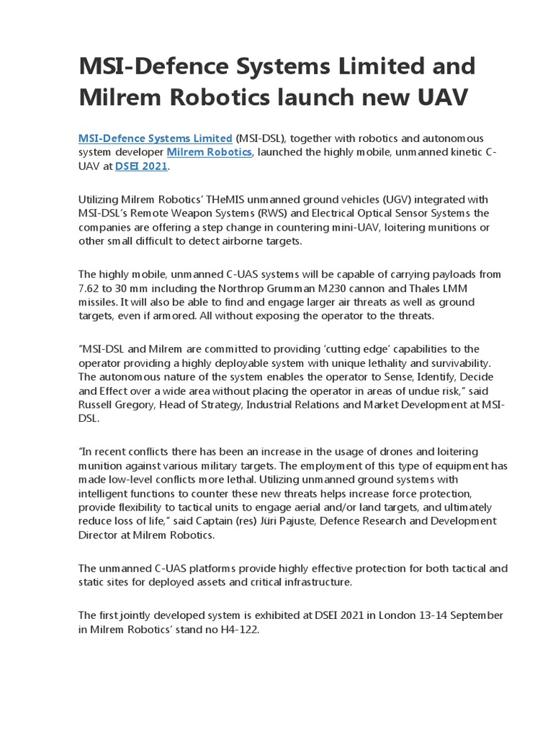 MSI-Defence Systems Limited and Milrem Robotics launch new autonomous ...