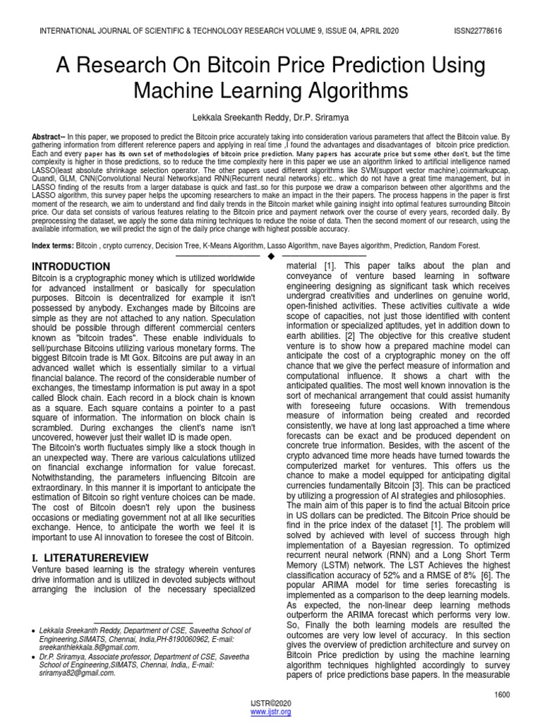 A Research On Bitcoin Price Prediction Using Machine Learning Algorithms Pdf Regression