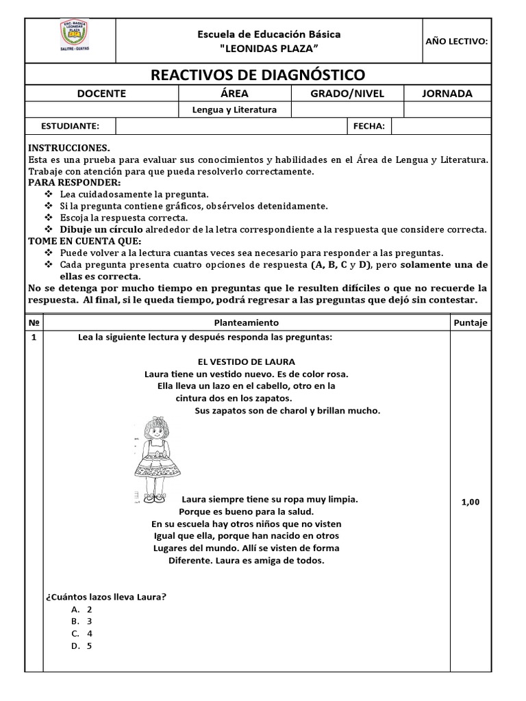 Prueba Diagnostica-3°grado-2019.docx Versión 1 | PDF