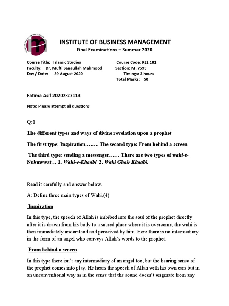 Fatima Asif 27113 Islamiyat Final | PDF | Hadith | Prophets And ...