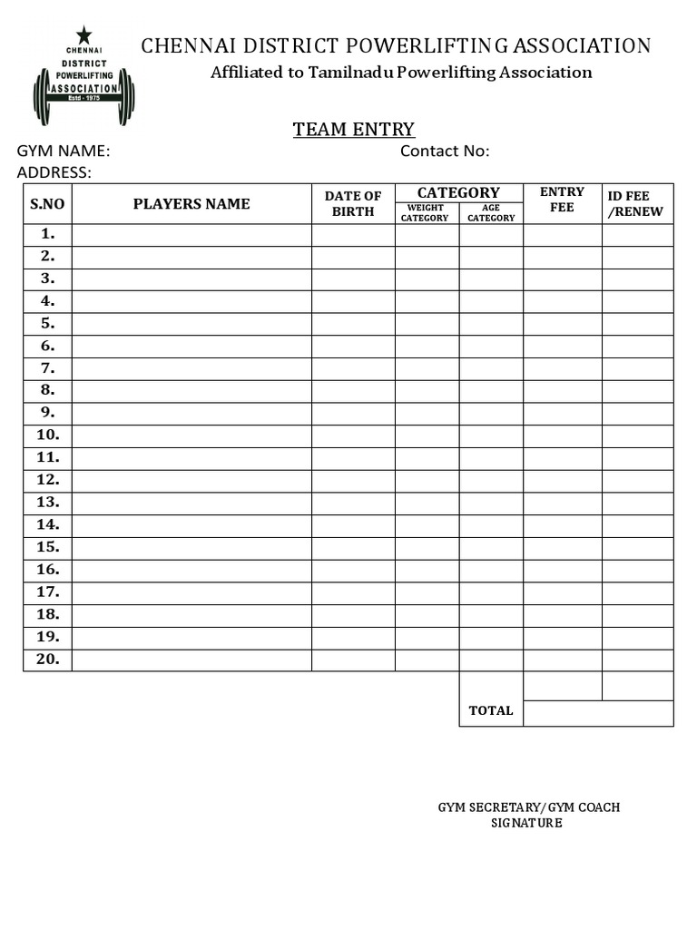 Chennai District Powerlifting Association: Team Entry | PDF