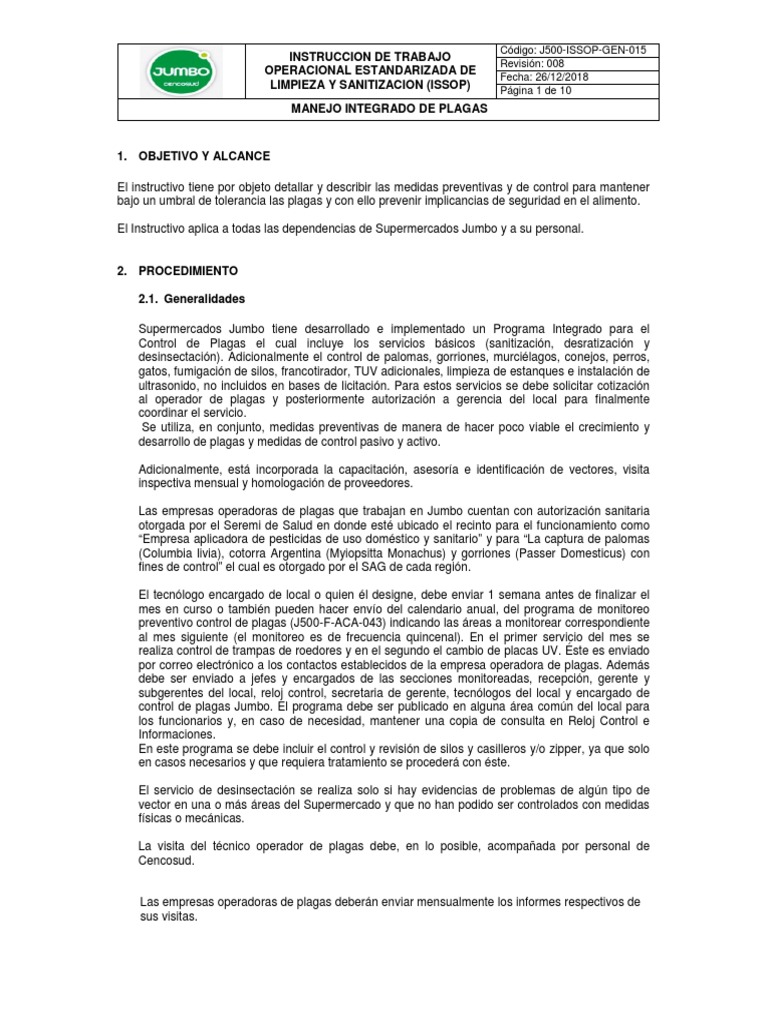 A - 1657 - 2 - J500-ISSOP-GEN-015 Plagas Rev 008 21.12.2018 | PDF | Pesticida | Plaga (organismo)