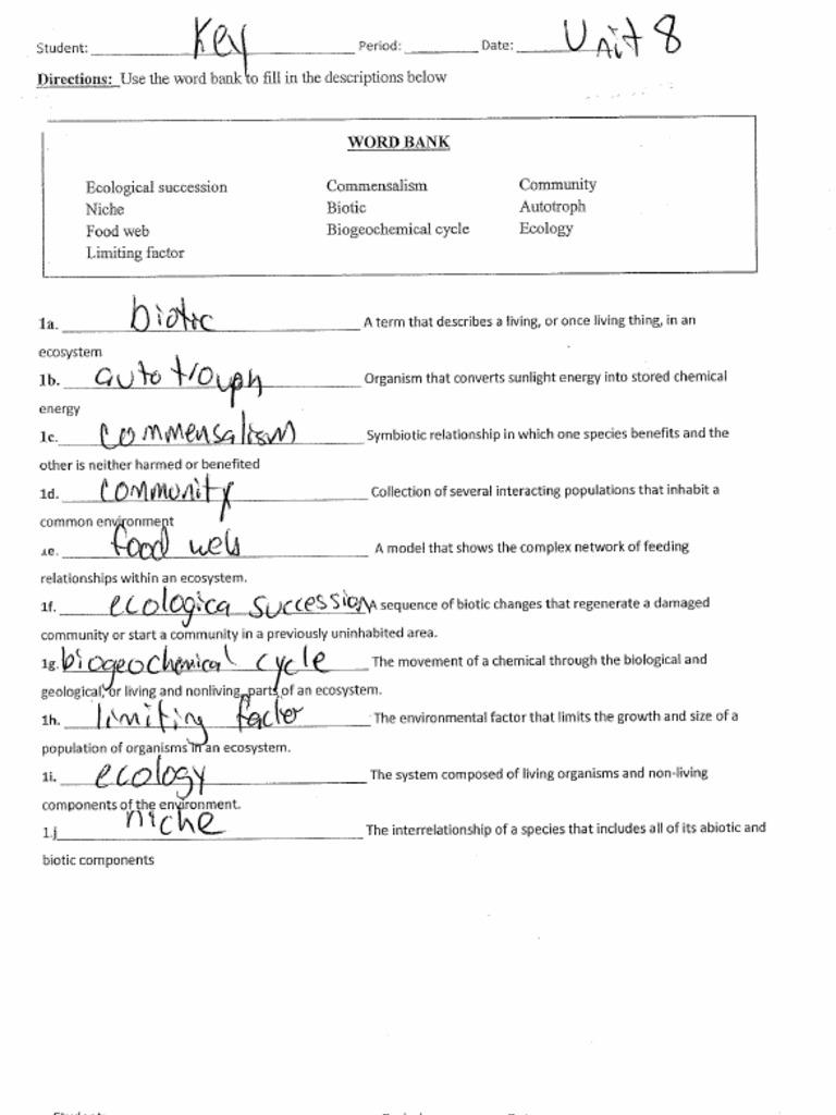 Biology Keystone Review Packet Keys Unit 8 | PDF