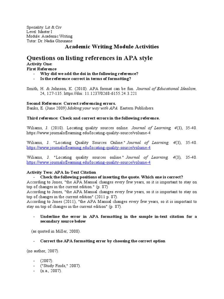 Questions On Listing References in APA Style: Academic Writing Module ...