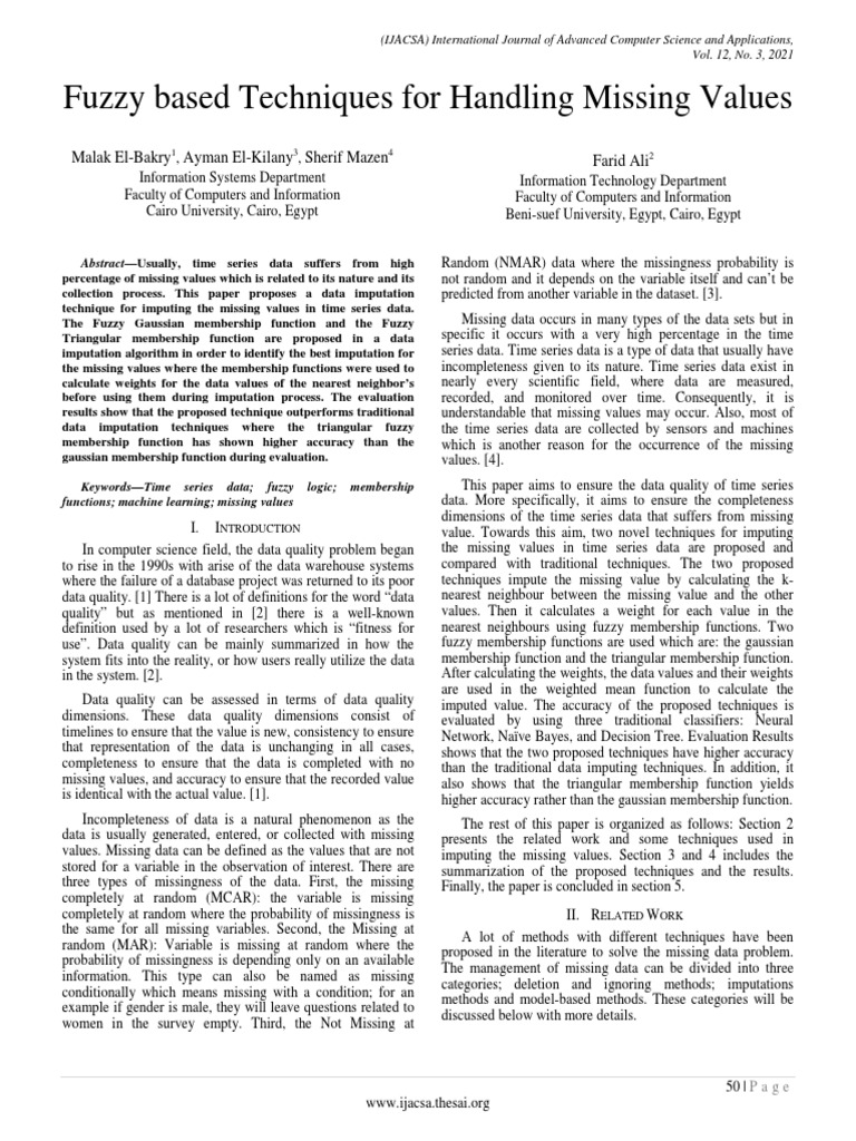 Fuzzy Based Techniques For Handling Missing Values | PDF | Fuzzy Logic | Statistical Classification