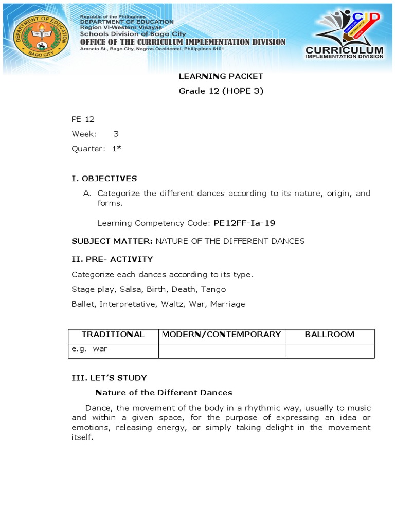 Learning Packet Grade 12 (HOPE 3) | PDF | Dances | Ballroom Dance