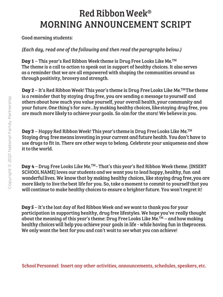 Red Ribbon Morning Announcements 2021 | PDF