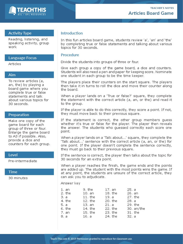 Articles Board Game | Download Free PDF | English As A Second Or ...