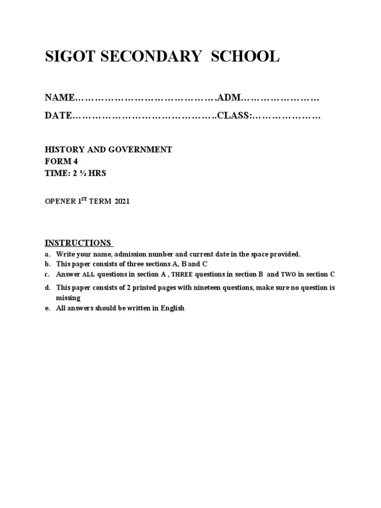 Sigot Secondary School: NAME .ADM DATE ..CLASS | Descargar gratis PDF ...