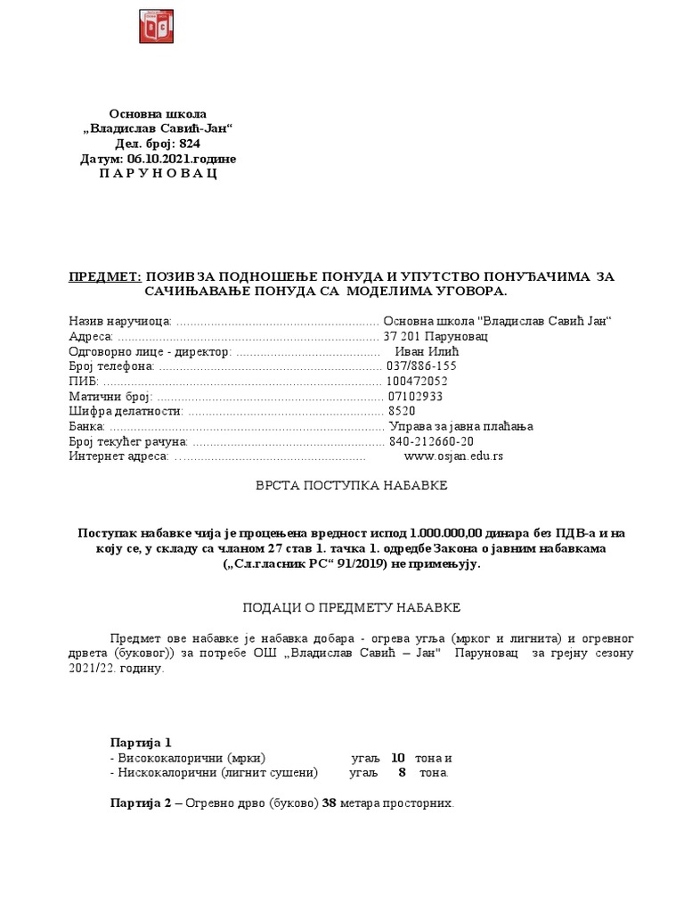 Poziv Za Dostavljanje Ponuda I Uputstvo Za Sačinjavanje Ponuda Sa ...