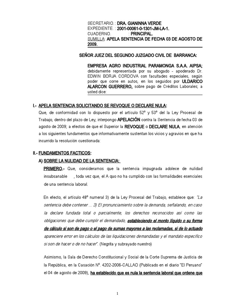 Apelacion de Sentencia Laboral | PDF | Sentencia (ley) | Salario