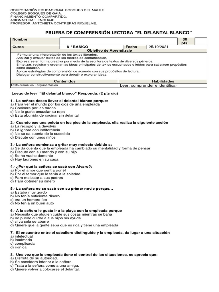 Prueba de Comprensión: El Delantal Blanco | PDF