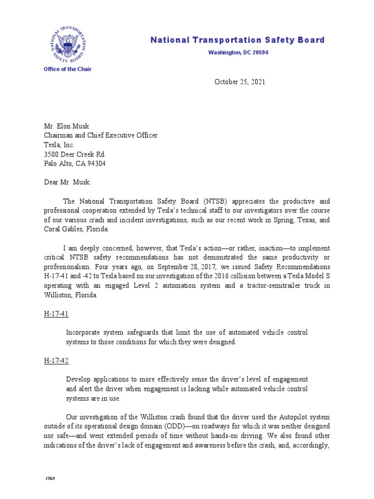 NTSB Chair Jennifer L. Homendy Letter To Tesla CEO Elon Musk 10/25/2021 ...