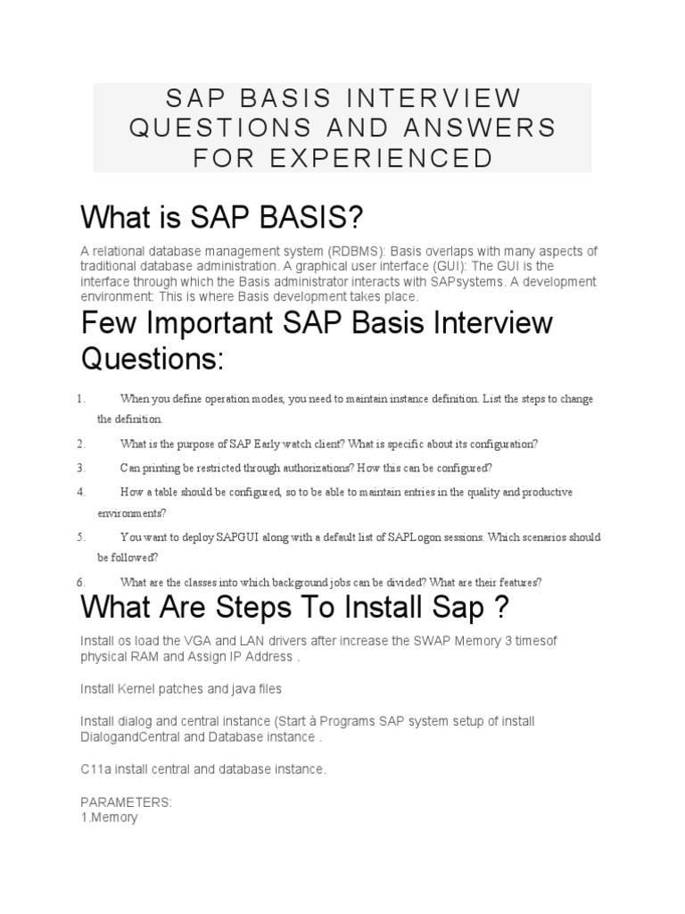 Sap Basis Interview Questions and Answers For Experienced | PDF ...