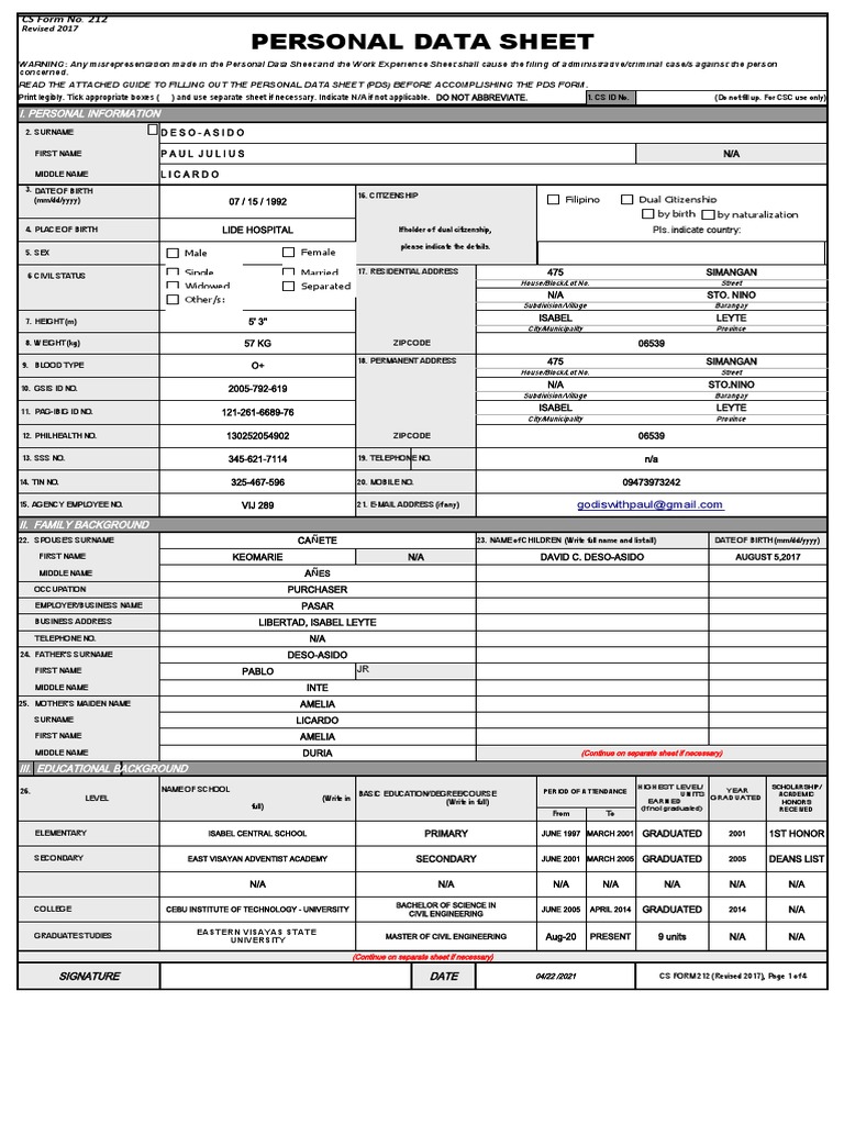 Personal Data Sheet - VSU | PDF | Government | Justice
