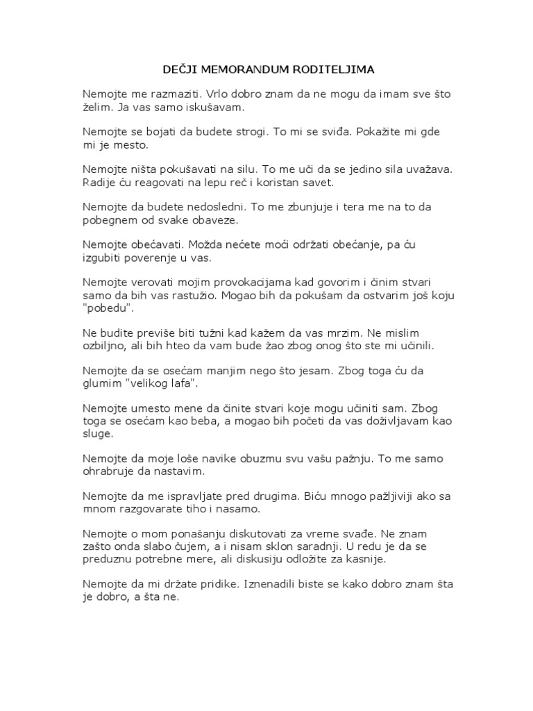 Dječji Memorandum Roditeljima | PDF