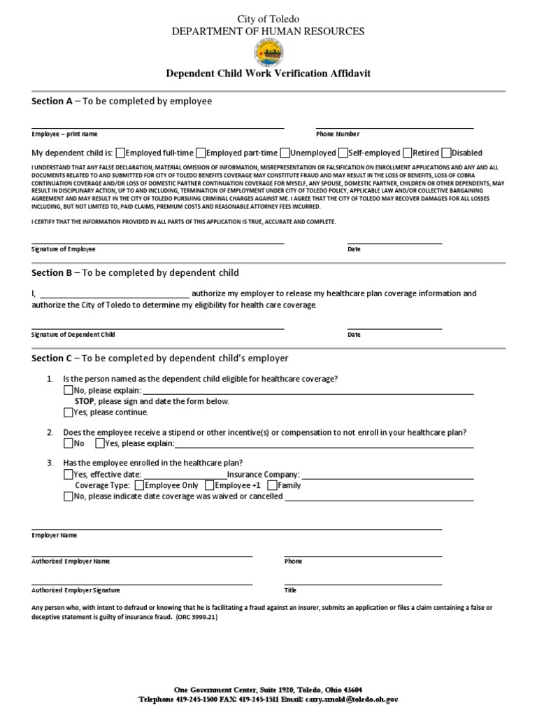 Dependent Child Affidavit | PDF | Employment | Insurance