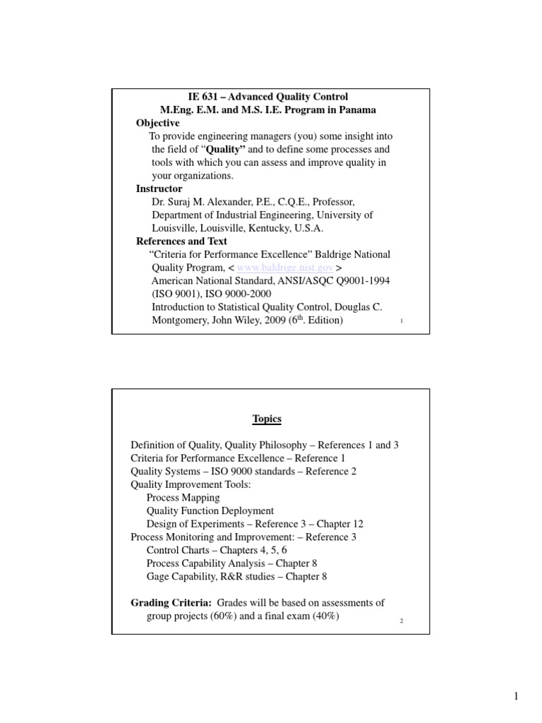 IE 631 - Advanced Quality Control M.Eng. E.M. and M.S. I.E. Program in ...