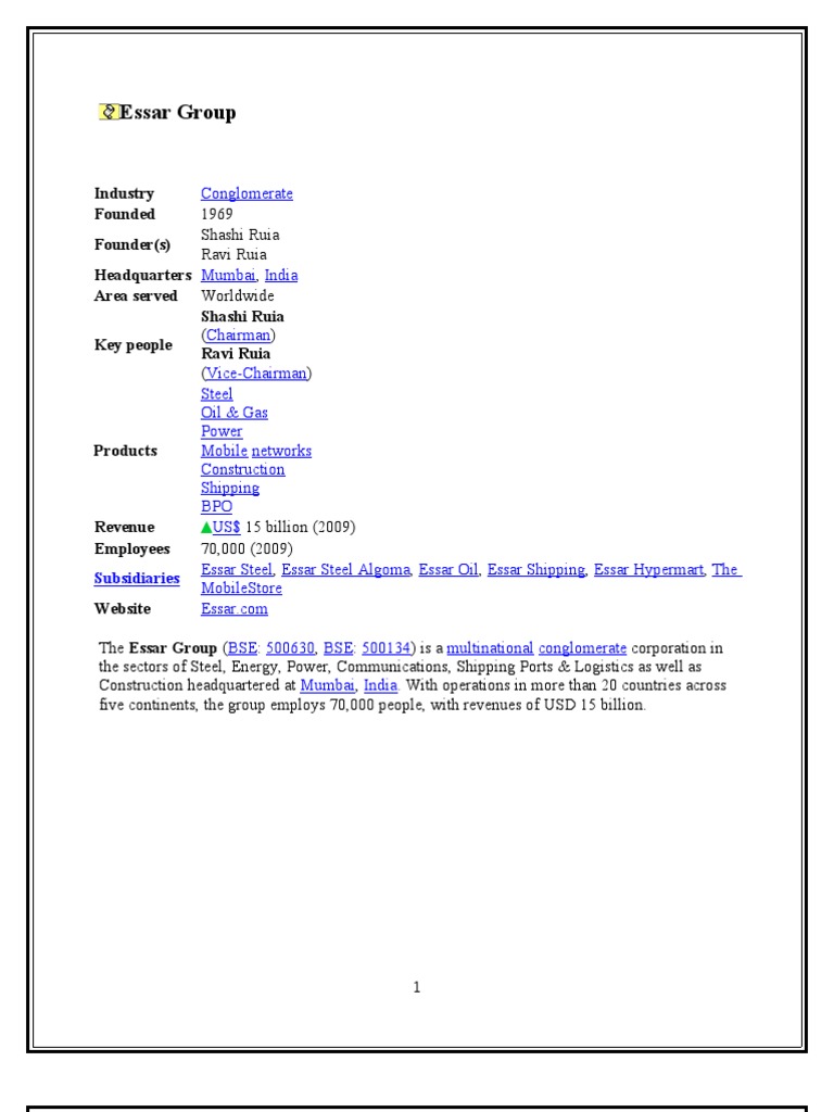 Essar Group: Industry Founded Founder(s) Headquarters Area Served Key ...