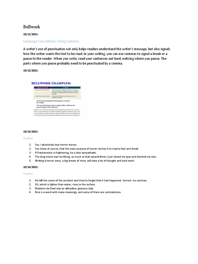 Bellwork: Language Conventions: Using Commas | PDF