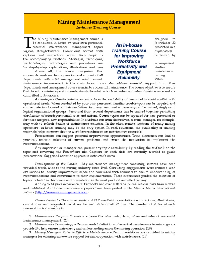 Mining Maintenance Management Course | PDF | Reliability Engineering | Benchmarking