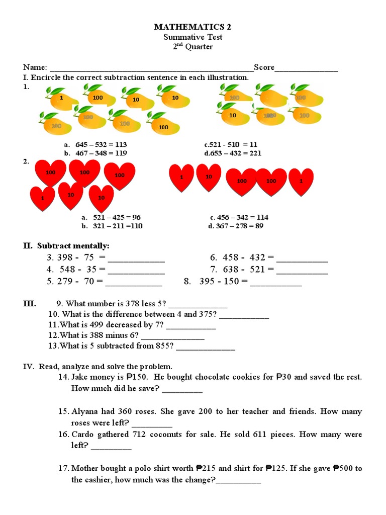 Summative Test in Math 2 | PDF | Subtraction | Mathematics