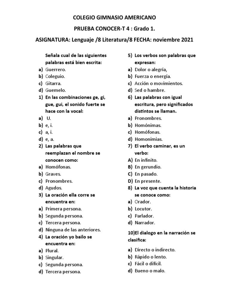 Prueba de Lenguaje Grado 1 2021 | PDF | Verbo | Comunicación humana