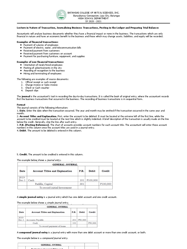 Lecture in Nature of Transaction, Journalizing Business Transactions ...