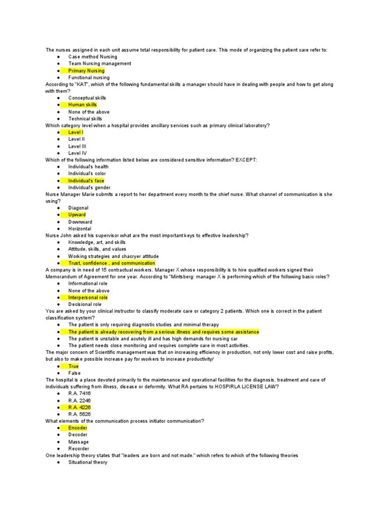 Answer Key. | PDF | Leadership | Nursing