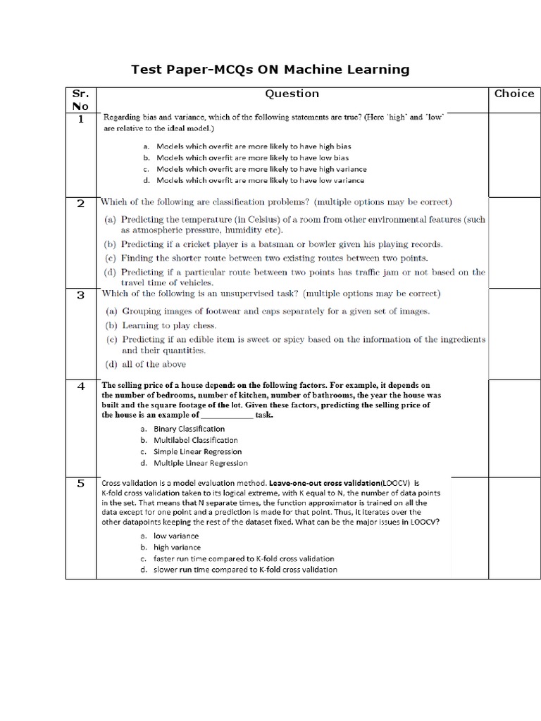 Test Paper-Mcqs On Machine Learning: Sr. No Choice 1 | PDF