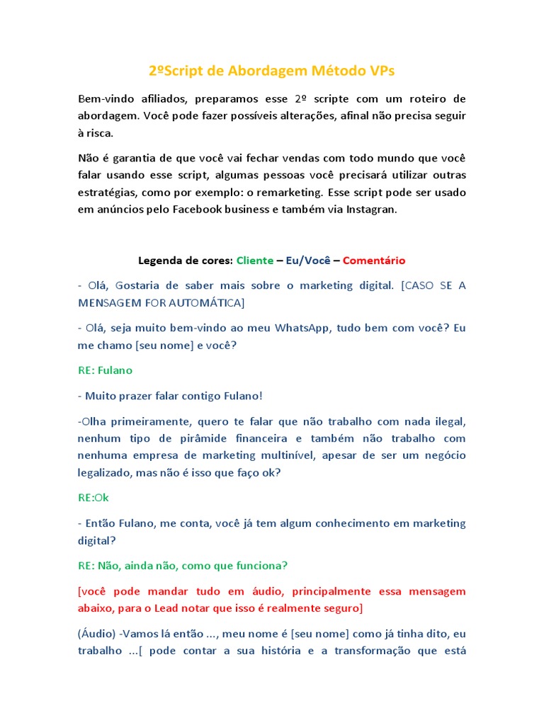 2º Script de Abordagem Método VPs | PDF | Marketing | Marketing digital