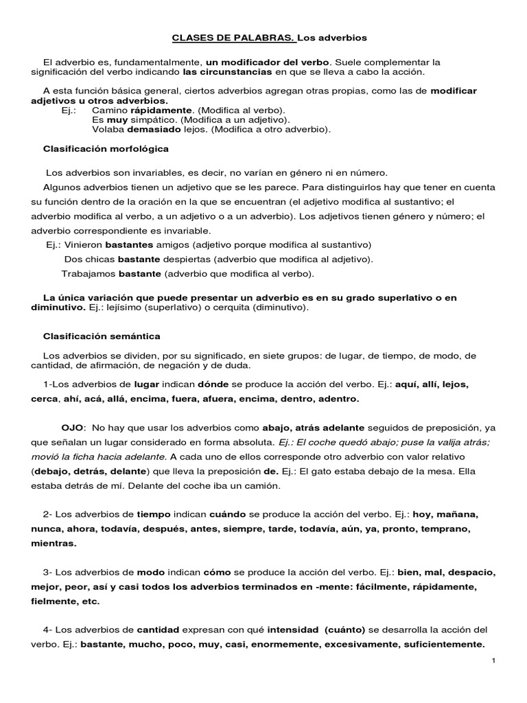 Clases de Palabras. Adverbios | PDF | Adverbio | Relaciones sintácticas