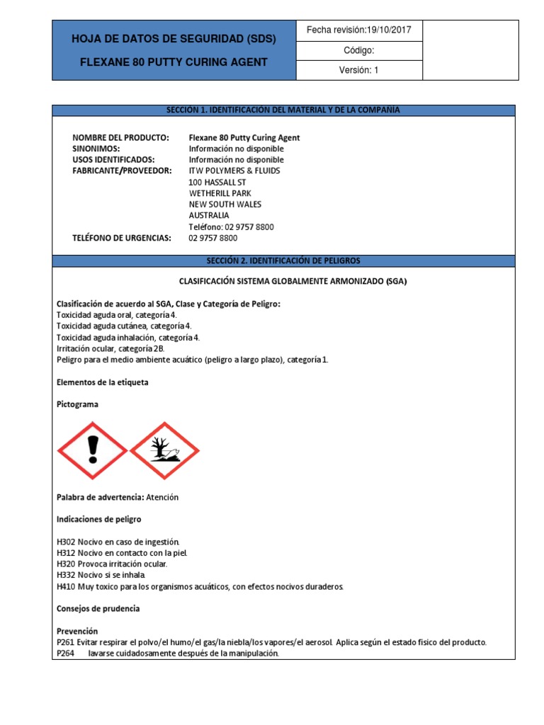 Seguridad y manejo de Flexane 80 Putty Curing Agent | PDF | Agua | Residuos