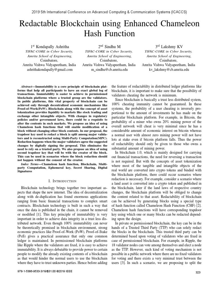 Redactable Blockchain Using Enhanced Chameleon Hash Function Pdf Cryptography Security