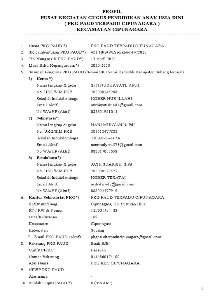 Updata Profil PKG Paud & Gugus Paud Tahun 2021 | PDF