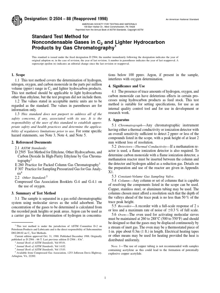 ASTM D2504 Noncondensable Gases in C2 and Lighter Hydrocarbon Products ...