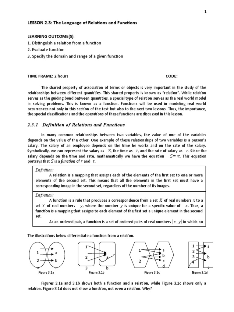 LESSON 2.3: The Language of Relations and Functions | PDF | Function (Mathematics) | Variable ...