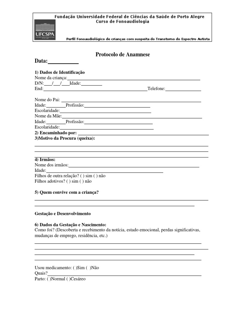 Anamnese TCC PROTEAR | PDF | Autismo | Espectro do autismo