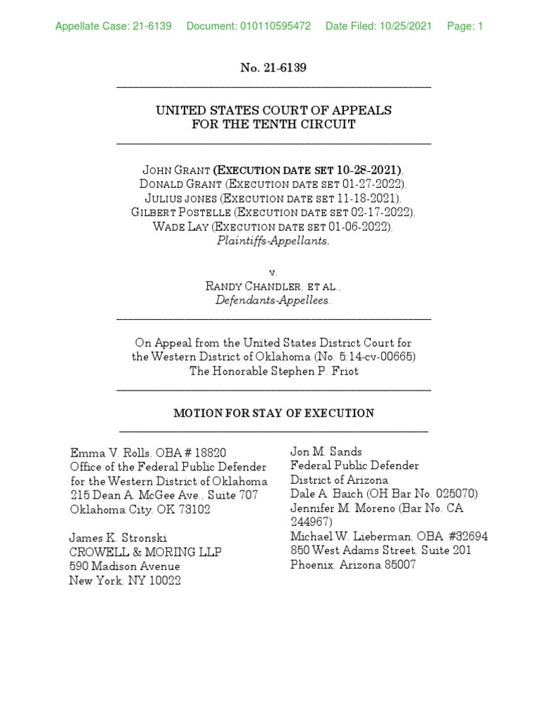 Motion For Stay of Execution - Ca10 - 21-6139 | PDF | First Amendment ...