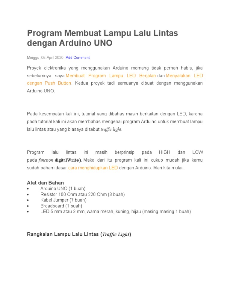 Program Membuat Lampu Lalu Lintas Dengan Arduino UNO | PDF Program Membuat Lampu Lalu Lintas Dengan Arduino UNO | PDF