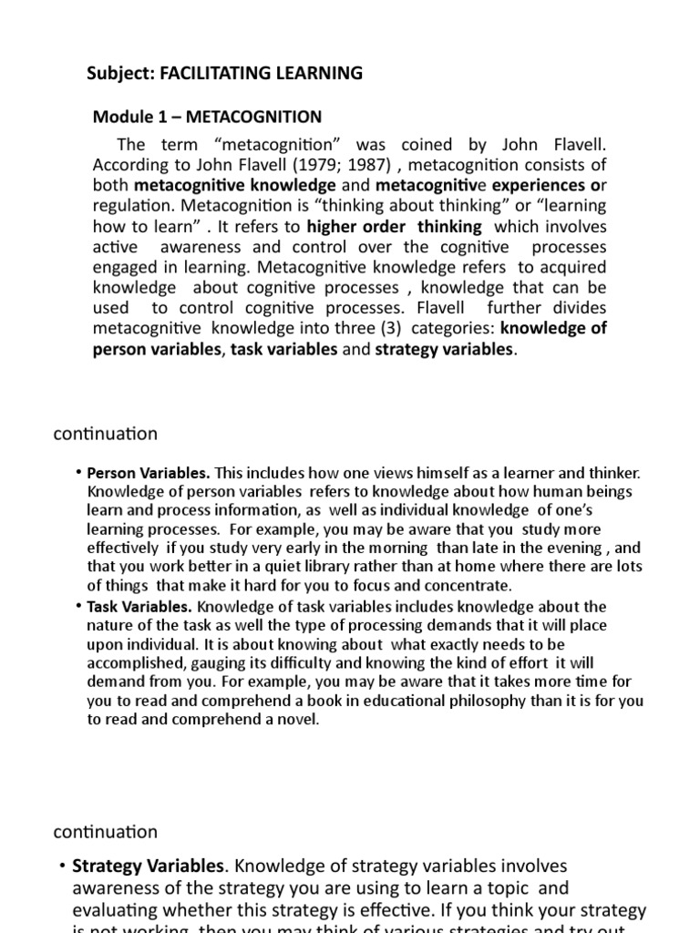 Facilitating Learning Chapter1 | PDF | Metacognition | Learning